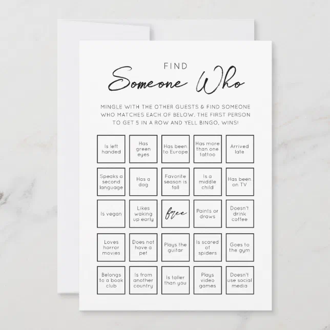 Find Someone Who Guests Bingo game Card | Zazzle
