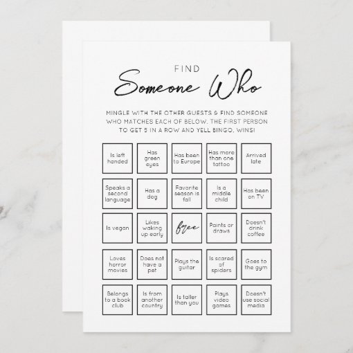 Find Someone Who Guests Bingo game Card | Zazzle