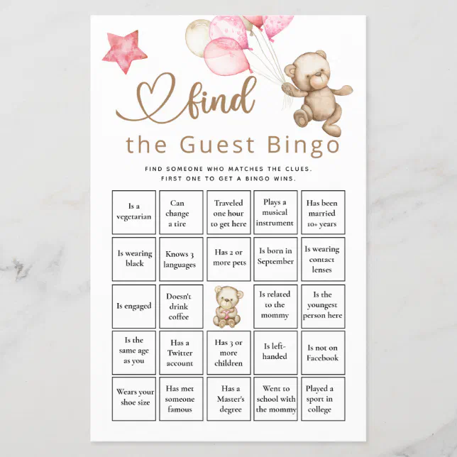 Find The Guest Bingo Baby Bear Baby Shower Game | Zazzle