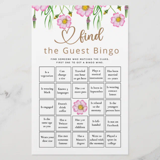 Find The Guest Bingo Wildflowers Baby Shower Game | Zazzle