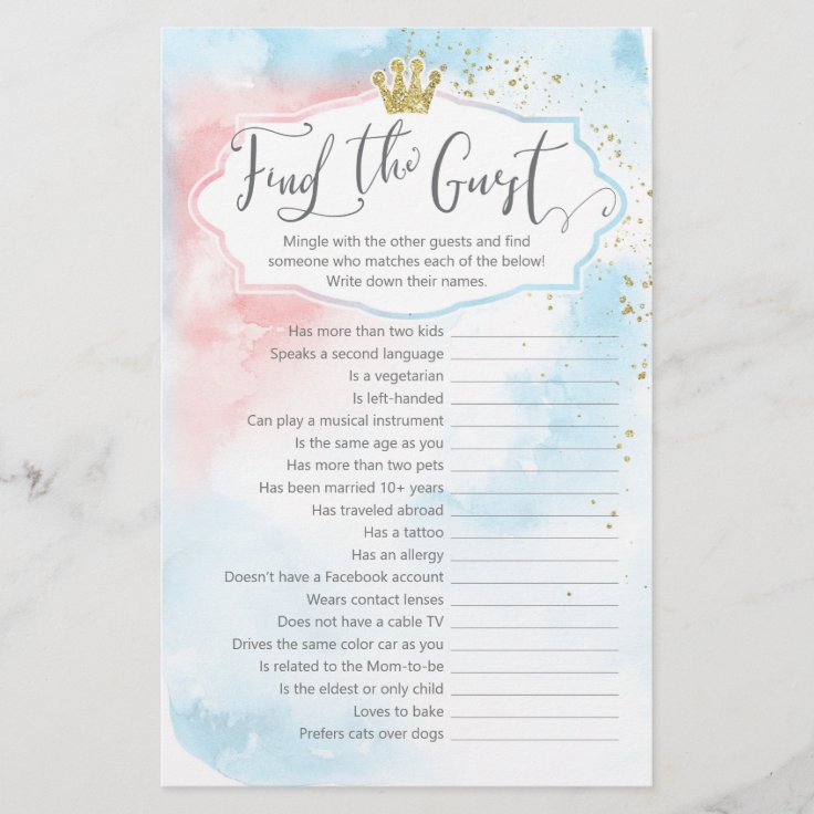 "Find the guest" Gold Pink Blue Gender Reveal Game | Zazzle