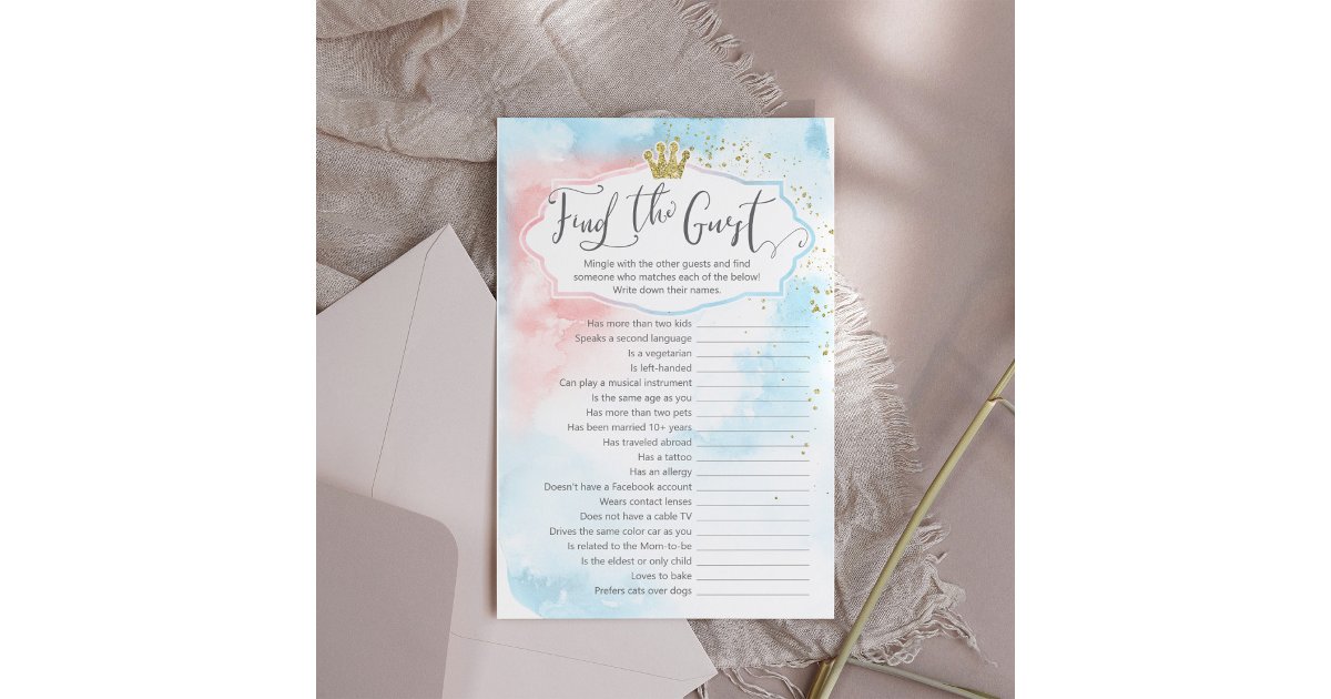 "Find the guest" Gold Pink Blue Gender Reveal Game | Zazzle