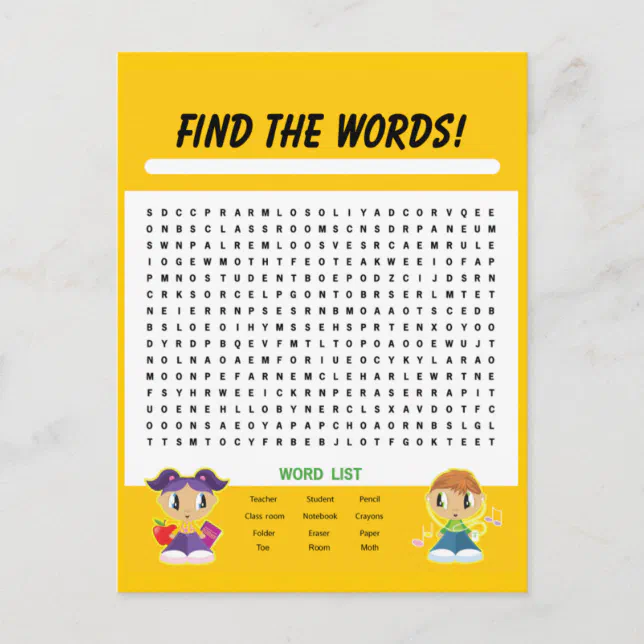 Find the Words, Word Search Activity Card | Zazzle