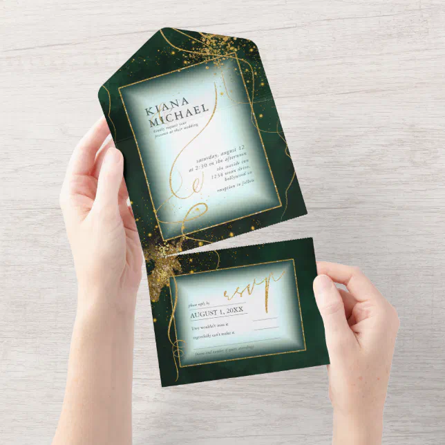 Fine Lines Gold Abstract Wedding V3 Emerald ID867 All In One Invitation ...