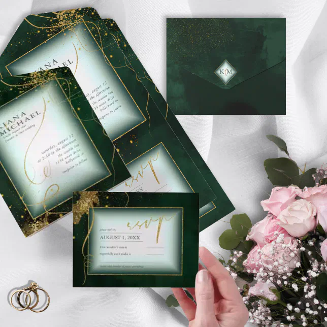 Fine Lines Gold Abstract Wedding V3 Emerald ID867 All In One Invitation ...