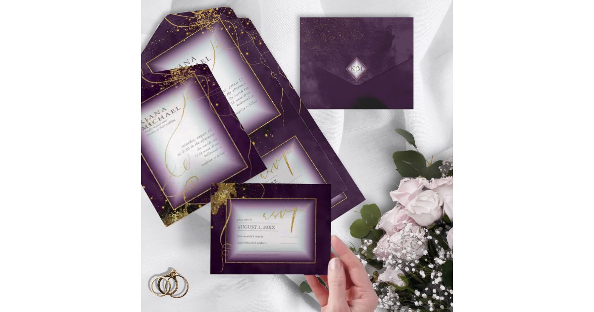 Fine Lines Gold Abstract Wedding V3 Plum ID867 All In One Invitation ...