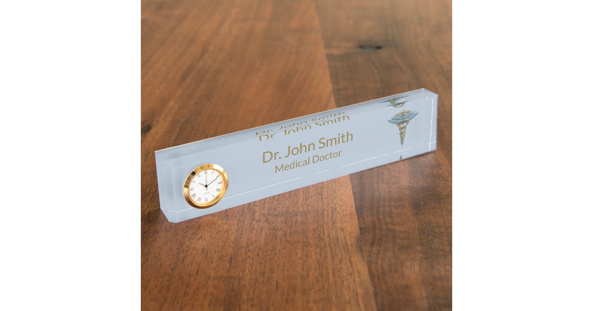 Fine Medical Light Blue Gold Caduceus Professional Desk Name Plate | Zazzle