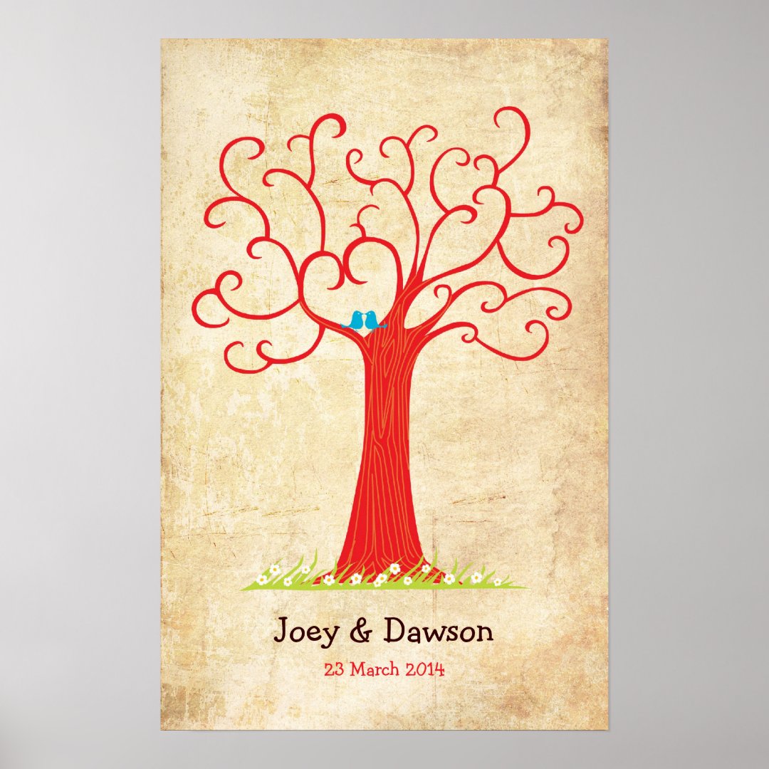 Fingerprint Tree Wedding Heartastic (Red Vintage) Poster | Zazzle