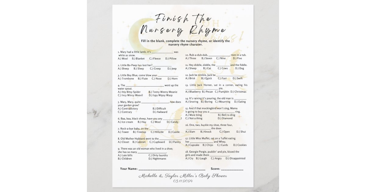 Finish the Nursery Rhyme Baby Shower Game | Zazzle