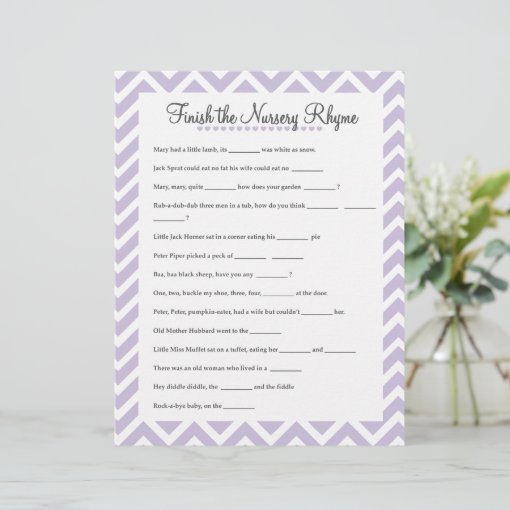 Finish the nursery rhyme baby shower game lavender | Zazzle