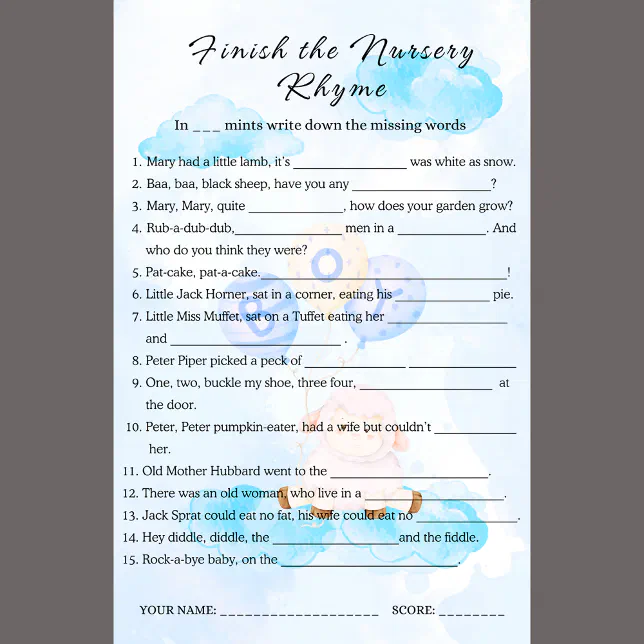 Finish the Nursery Rhyme Game | Zazzle