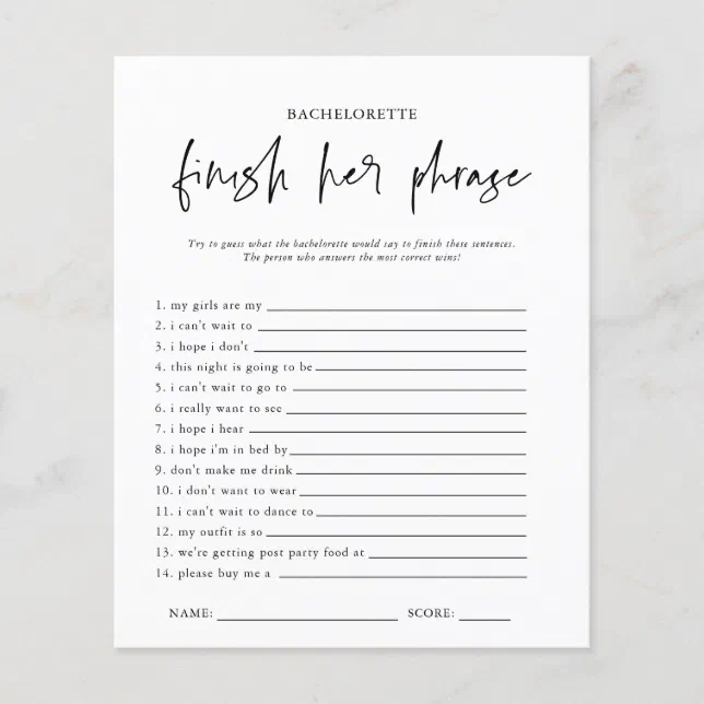 Finish The Sentence | Bachelorette Party Game Card | Zazzle