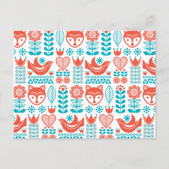 Finnish Fox & Bird Folk Art Pattern Holiday Postcard | Zazzle