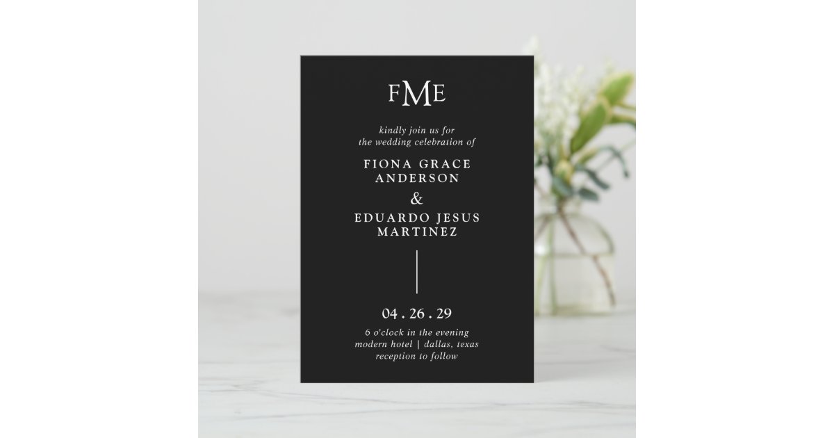 Fiona Black Bold Monogram Modern Wedding Invitation | Zazzle