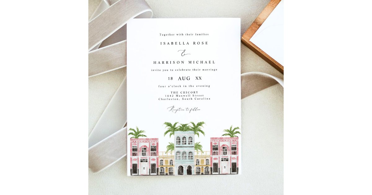 Fiona - Watercolor Charleston Rainbow Row Invitation | Zazzle
