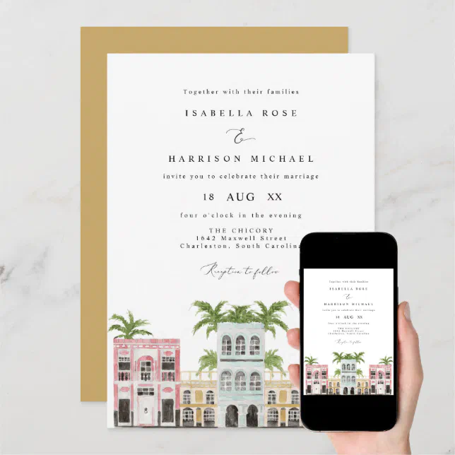 Fiona - Watercolor Charleston Rainbow Row Invitation | Zazzle