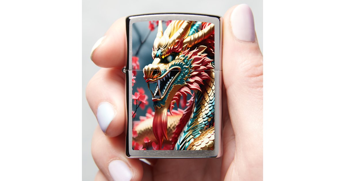 Fire breathing dragon gold blue and red scales zippo lighter | Zazzle