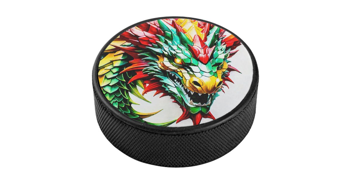 Fire breathing dragon red, green, and yellow scale hockey puck | Zazzle