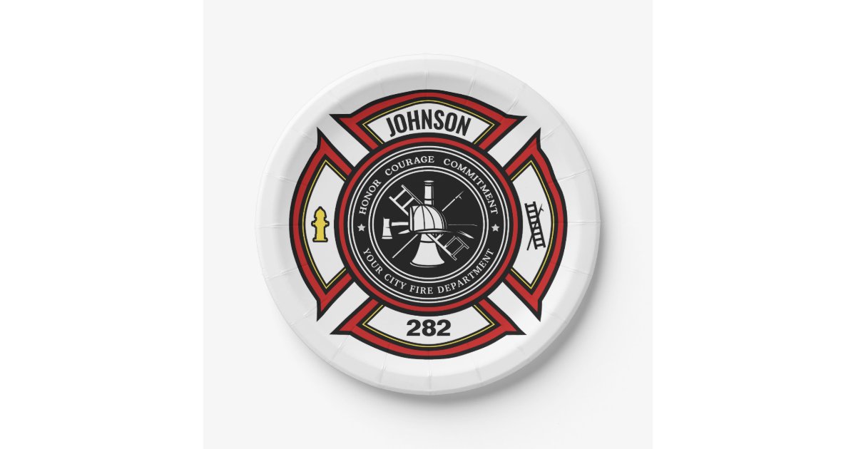 Fire Department ADD NAME Firefighter Badge Rescue Paper Plates | Zazzle