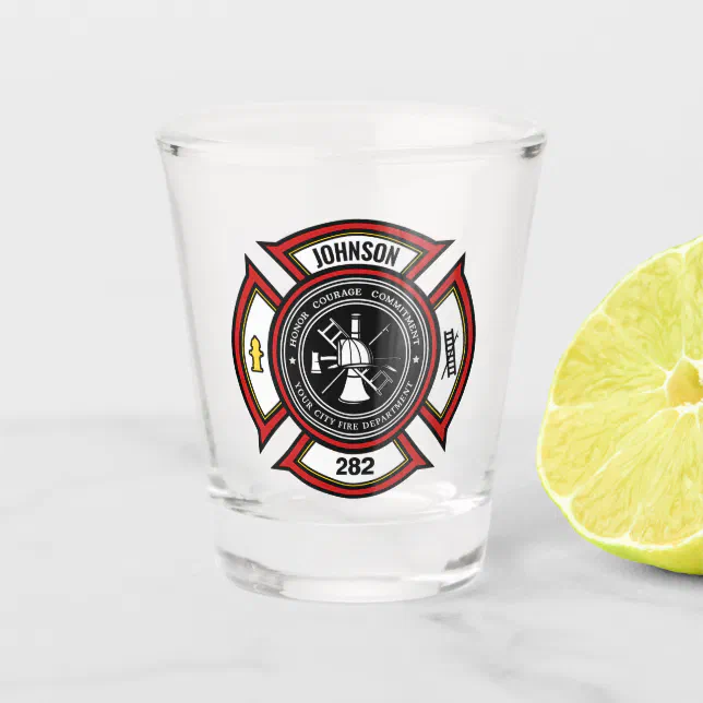 Fire Department ADD NAME Firefighter Badge Rescue Shot Glass | Zazzle