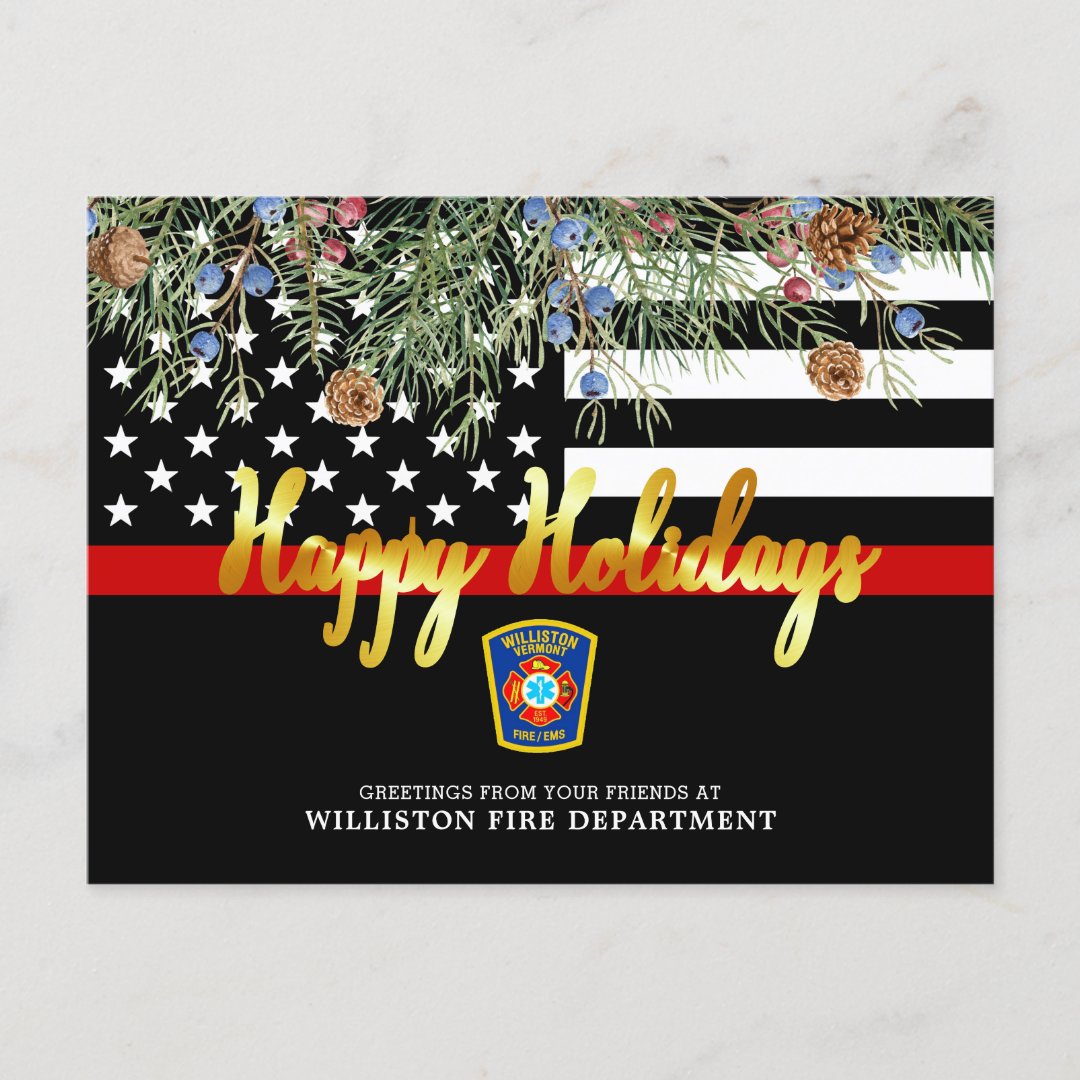 Fire Department Christmas Custom Thin Red Line Holiday Postcard | Zazzle