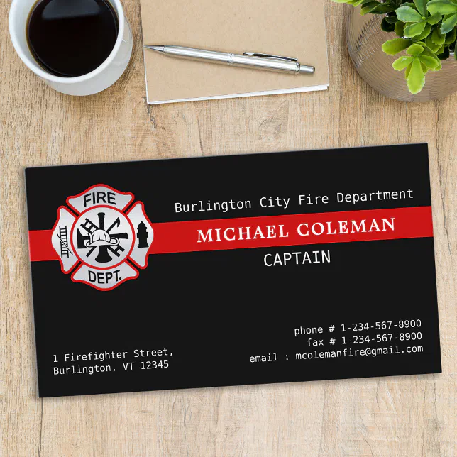 Fire Department Custom Logo Red Line Firefighter Business Card | Zazzle