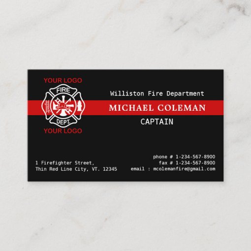 Fire Department Custom Logo Red Line Firefighter Business Card | Zazzle