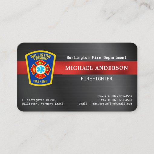 Fire Department Emblem Red Silver Firefighter Business Card | Zazzle