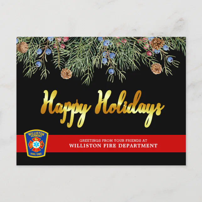 Fire Department Emblem Thin Red Line Christmas Holiday Postcard | Zazzle