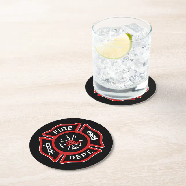 Fire Department Firefighter Badge Red Round Paper Coaster | Zazzle