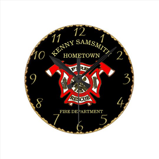 Fire Department Gold And Red Badge With Axes 4 Round Clock | Zazzle.com