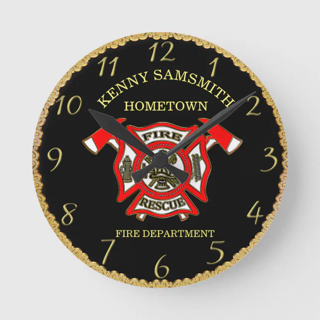 Fire Department Gold And Red Badge With Axes 4 Round Clock | Zazzle
