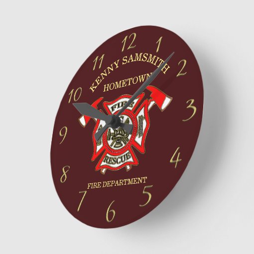 Fire Department Gold And Red Badge With Axes Round Clock | Zazzle