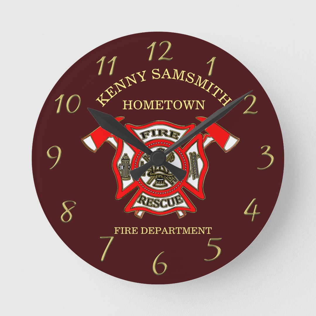 Fire Department Gold And Red Badge With Axes Round Clock | Zazzle