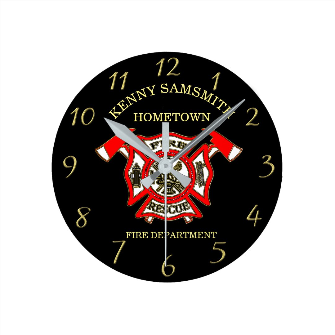 Fire Department Gold And Red Badge With Fire Axes Round Clock | Zazzle