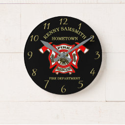 Fire Department Gold And Red Badge With Fire Axes Round Clock | Zazzle