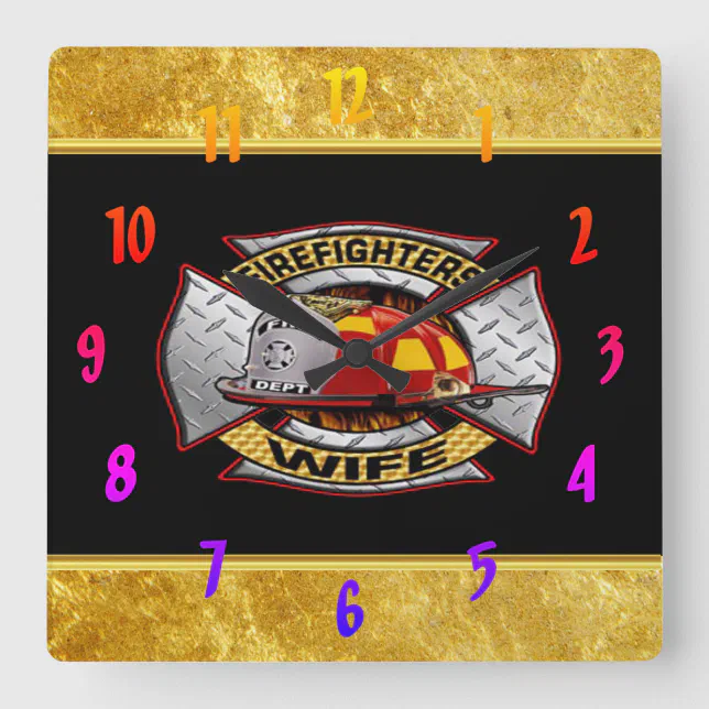 Fire Department Gold And Silver Wife Badge Square Wall Clock | Zazzle