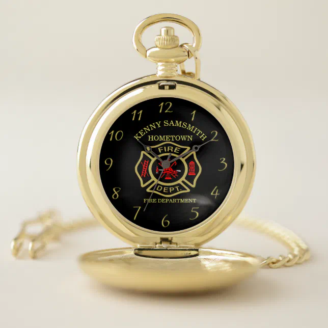 Fire Department logo Black And Gold Badge Pocket Watch | Zazzle
