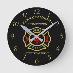 Fire Department logo Black And Gold Badge Round Clock | Zazzle