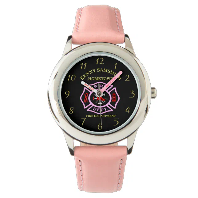 Fire Department logo Black And Pink Badge Watch | Zazzle