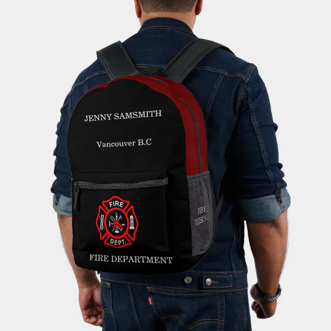 Fire Department logo Black And Red Badge Printed Backpack | Zazzle