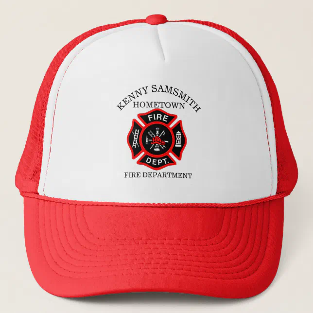 Fire Department logo Black And Red Badge Trucker Hat | Zazzle
