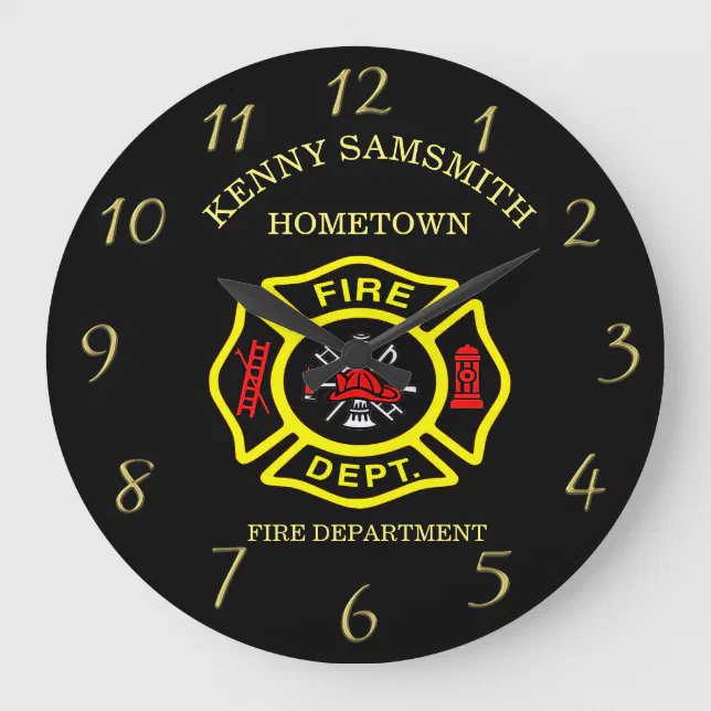 Fire Department logo Black And Yellow Badge Large Clock | Zazzle