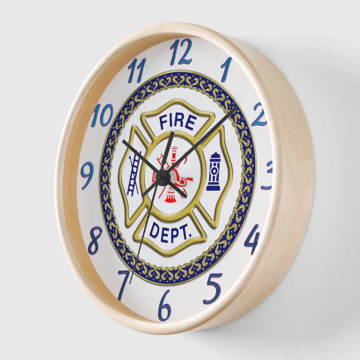 Fire Department logo Blue And White Badge Clock | Zazzle