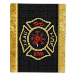 Fire Department logo Gold And Back Badge gold Jigsaw Puzzle | Zazzle