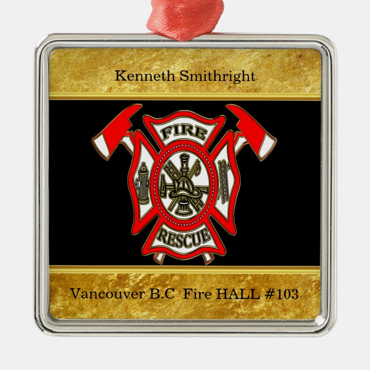 Fire Department logo Gold And Red Badge gold foil Metal Ornament | Zazzle