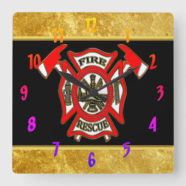 Fire Department logo Gold And Red Badge gold foil Square Wall Clock ...