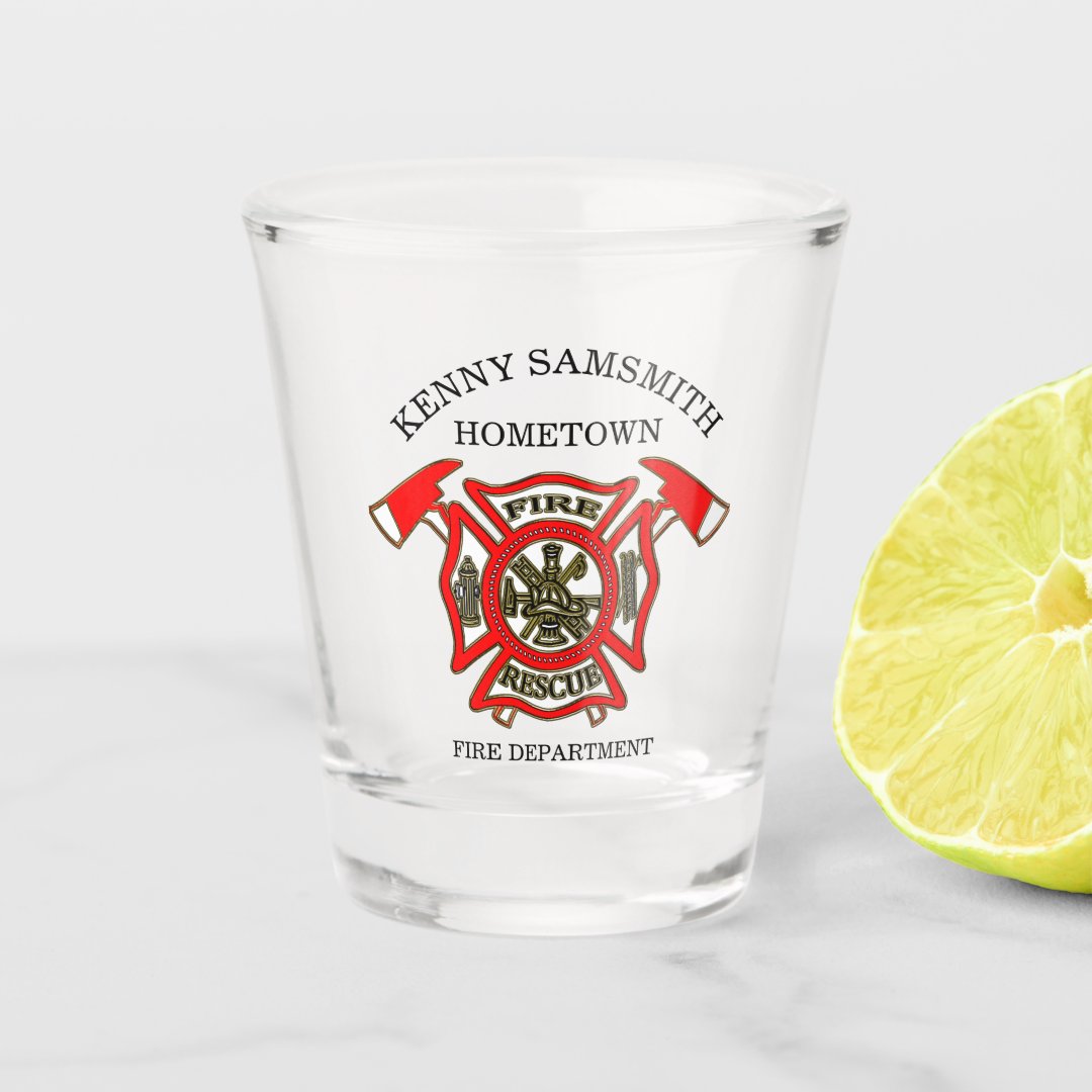 Fire Department logo Gold And Red Badge Shot Glass | Zazzle