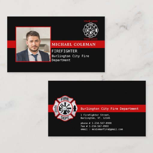 Fire Department Photo Logo Red Line Firefighter Business Card | Zazzle