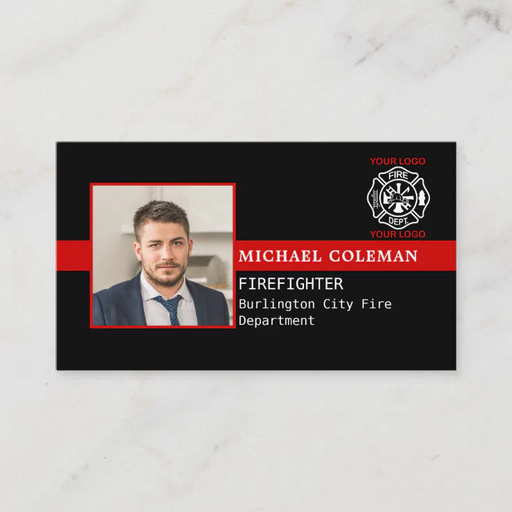 Fire Department Photo Logo Red Line Firefighter Business Card | Zazzle